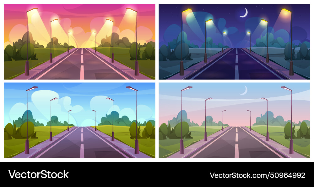Road landscape at night evening and daylight Vector Image