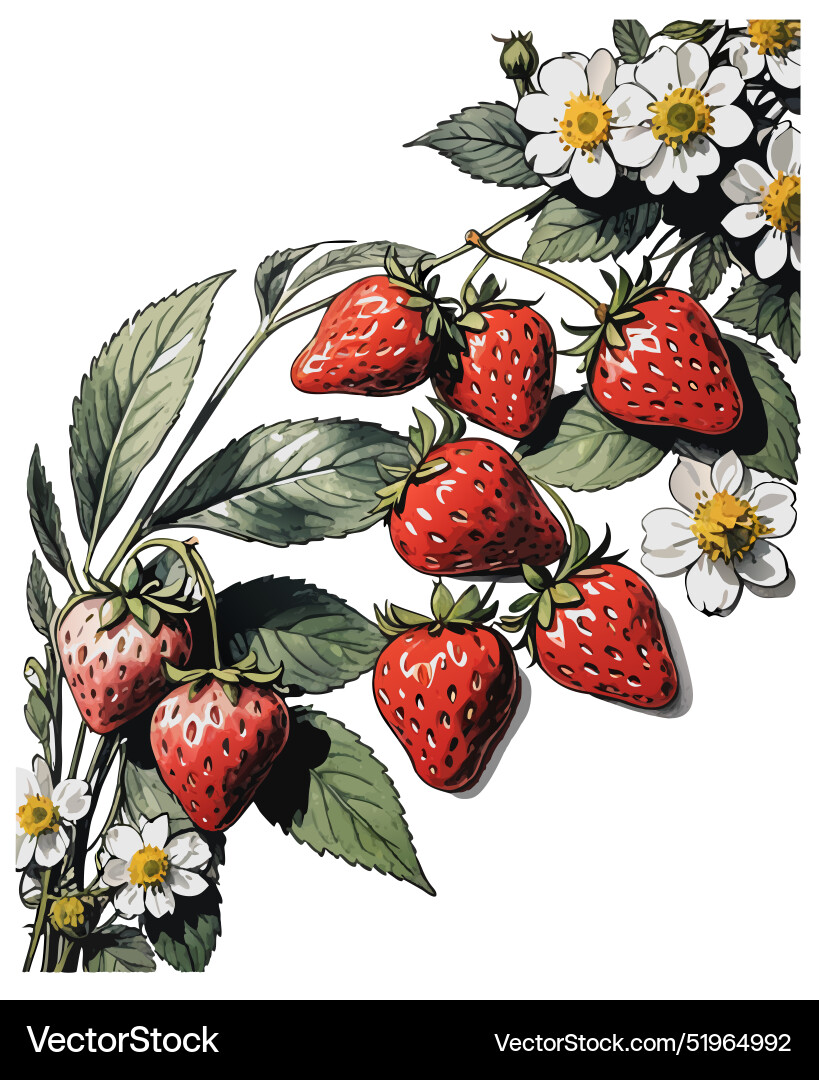 Strawberry branch with flowers Royalty Free Vector Image