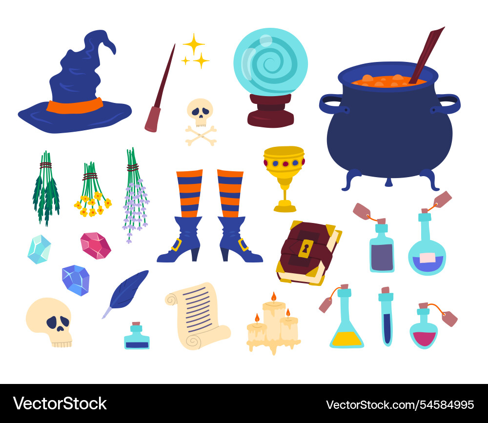 Cartoon color witch tools icons set Royalty Free Vector