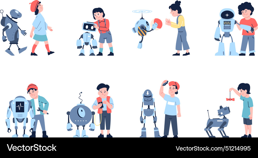Children and robots kids interaction with robot Vector Image