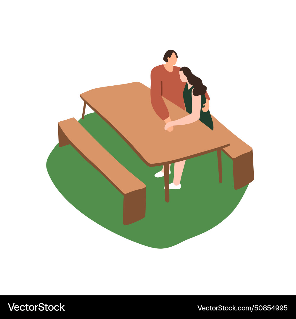Couple sits on a picnic table hugs hold hands Vector Image