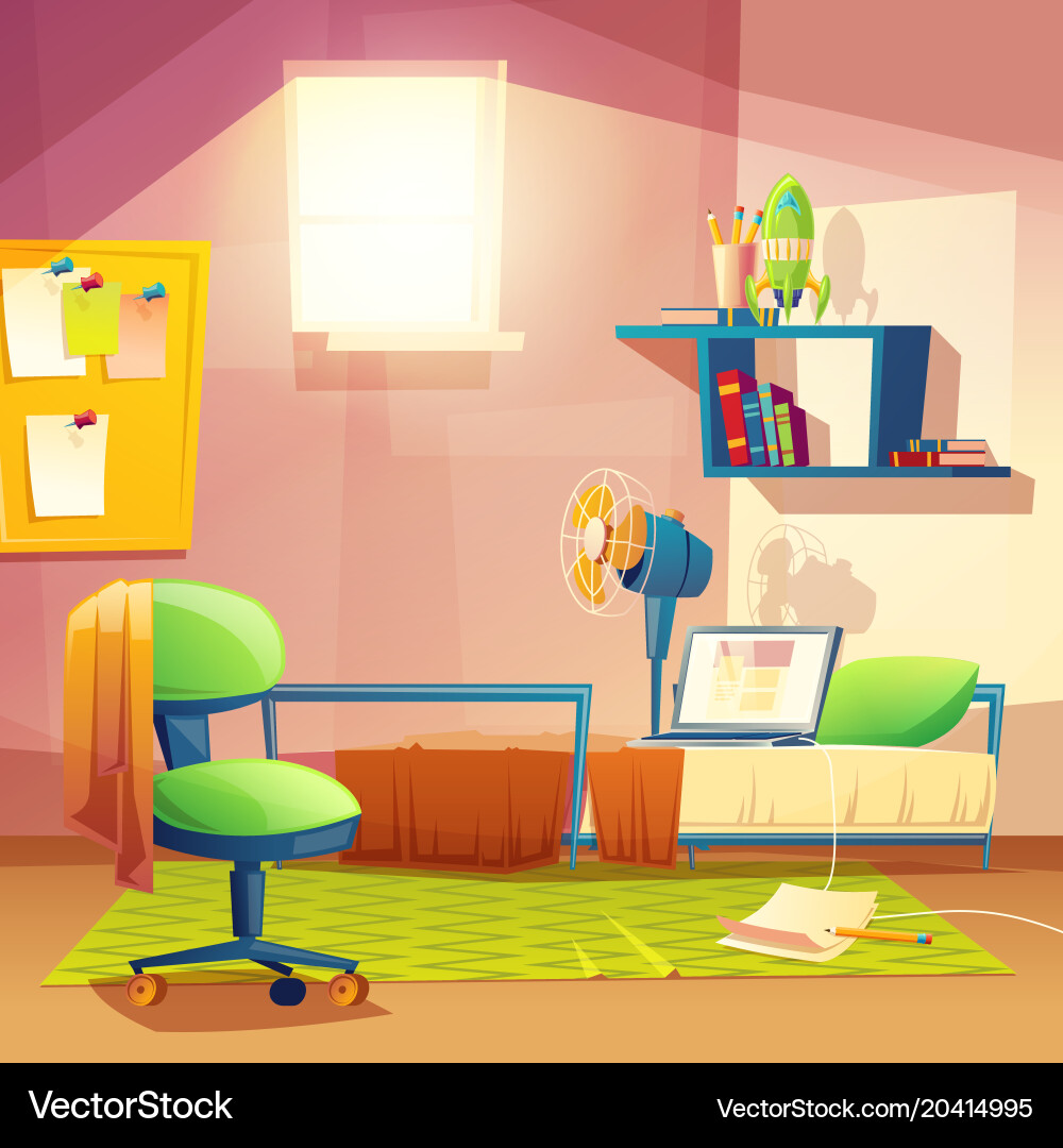 Student small room cartoon bedroom Royalty Free Vector Image