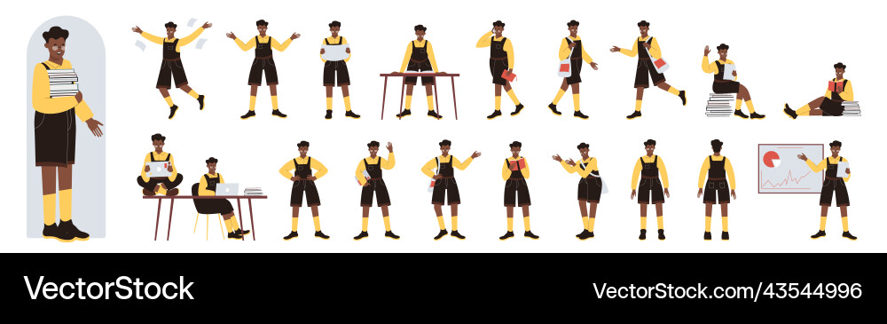 Black male student character poses in side front Vector Image