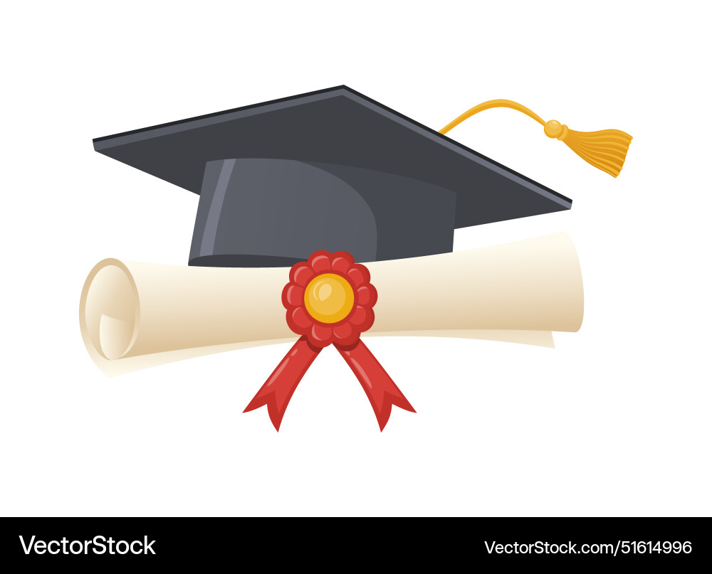 Graduation diploma scroll and gray hat Royalty Free Vector