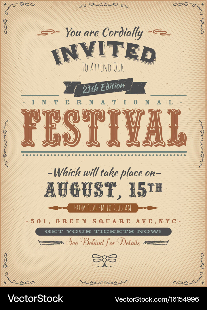 Vintage festival invitation poster Royalty Free Vector Image