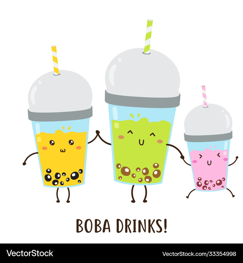 Cute happy various boba drinks design Royalty Free Vector