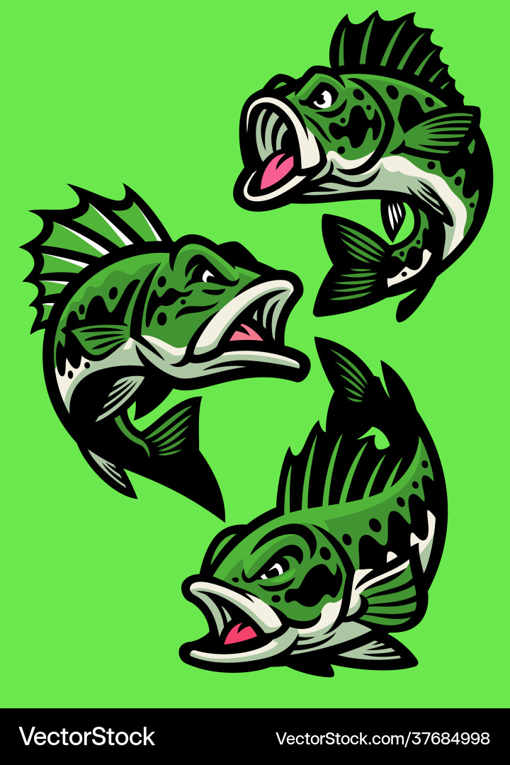 Set angry cartoon largemouth bass fish Royalty Free Vector