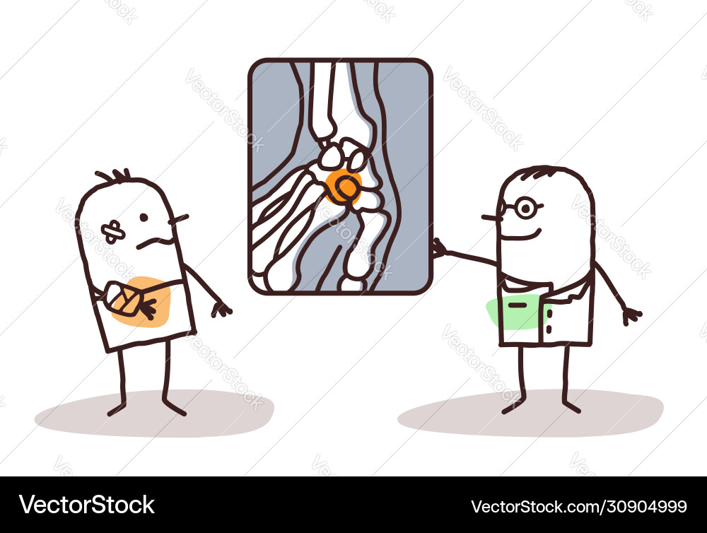 Cartoon man with wounded hand and radiologist Vector Image
