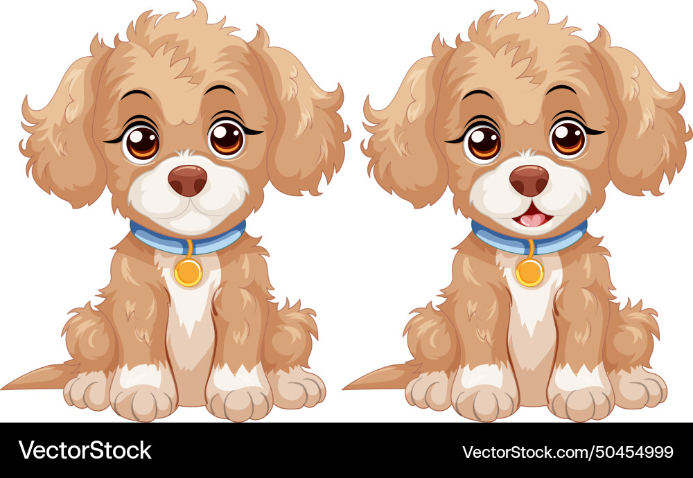 Two cute animated puppies with collars and tags Vector Image