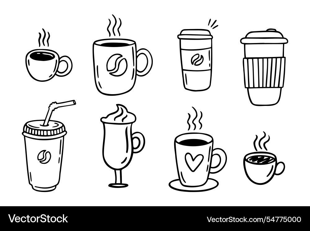 Coffee cups doodle set cup hand drawn line Vector Image