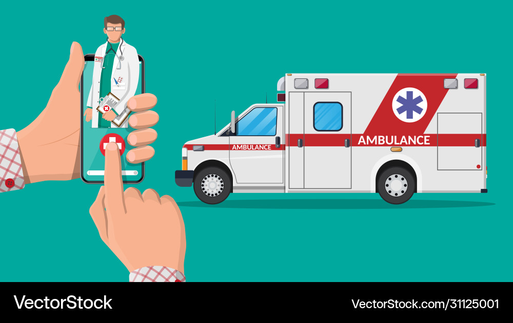 Call ambulance car via mobile phone Royalty Free Vector