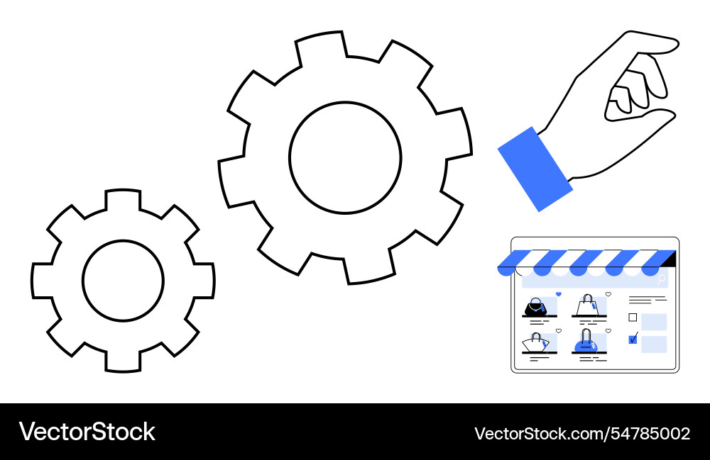 Hand interacting with gears next to online store Vector Image
