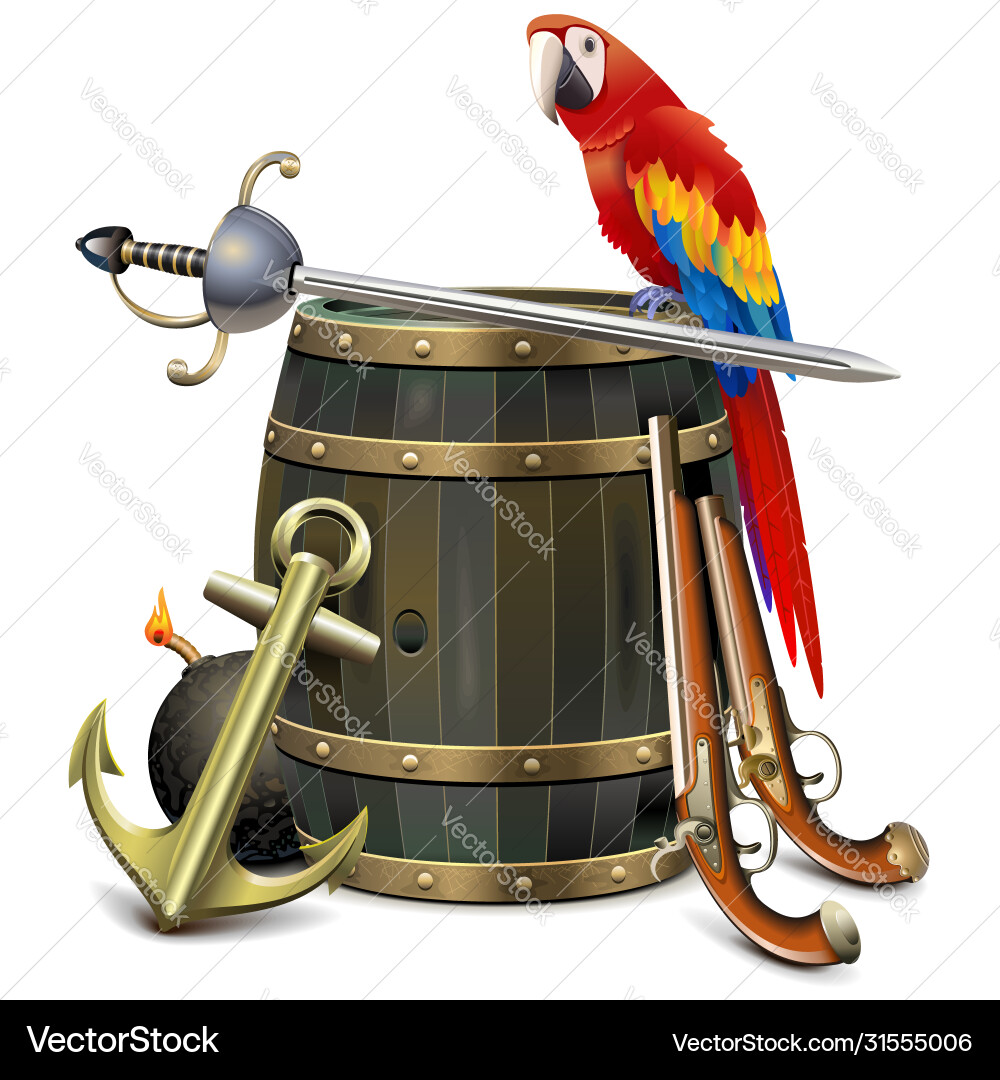 Old barrel with pirate accessories Royalty Free Vector Image