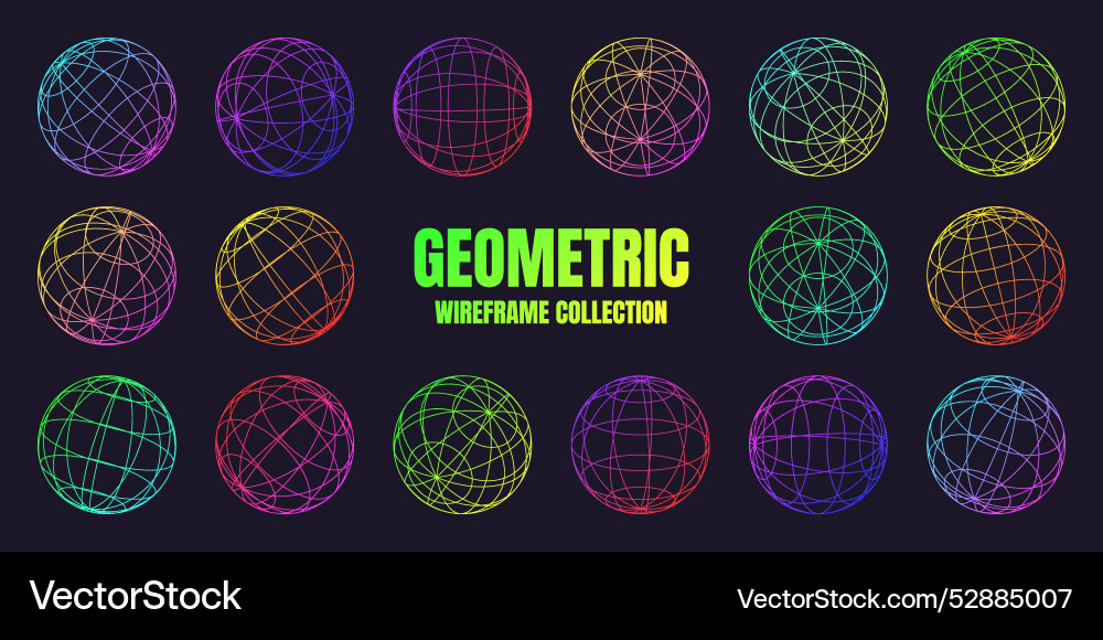 Neon wireframe shapes lined sphere perspective Vector Image