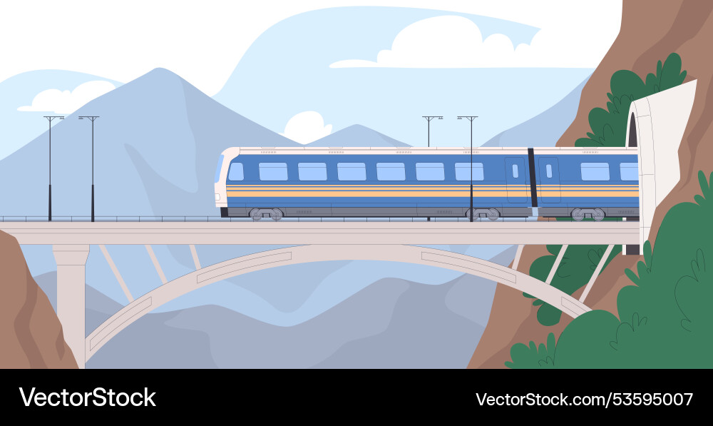 Train travels over a bridge with beautiful Vector Image
