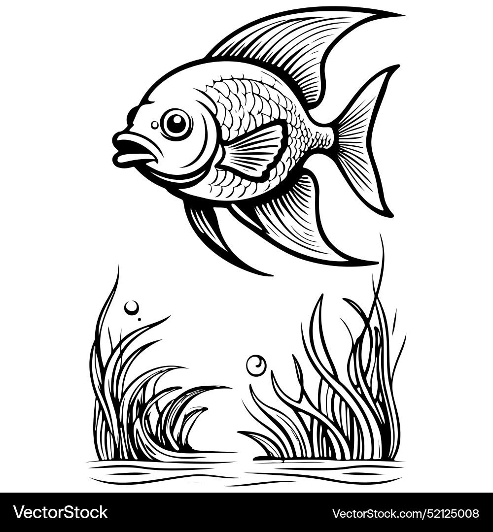 Fish black hand drawn line transparent background Vector Image