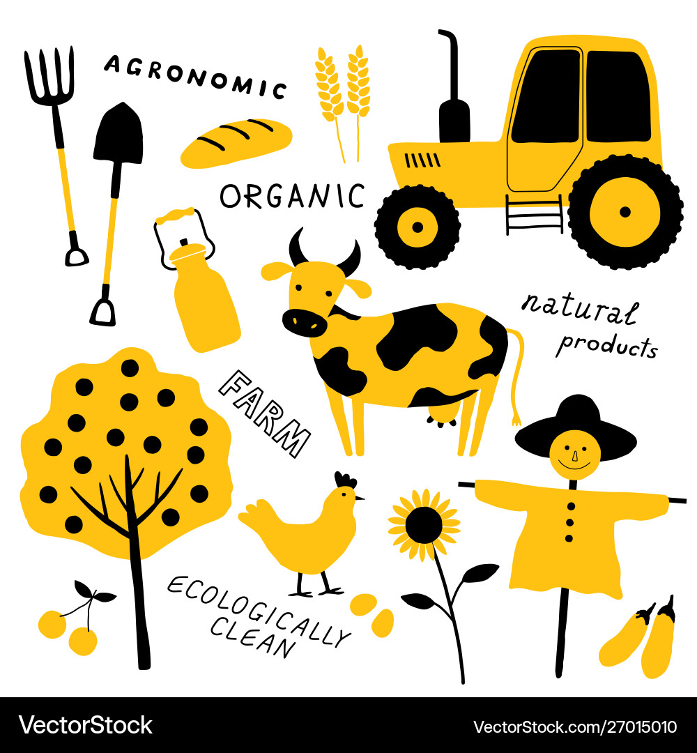 Set agricultural and farm tools animals Royalty Free Vector