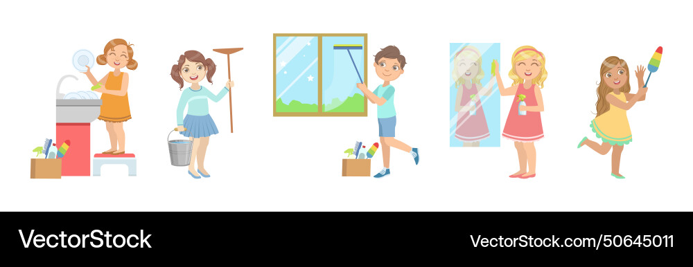 Kid character doing housework and helping Vector Image