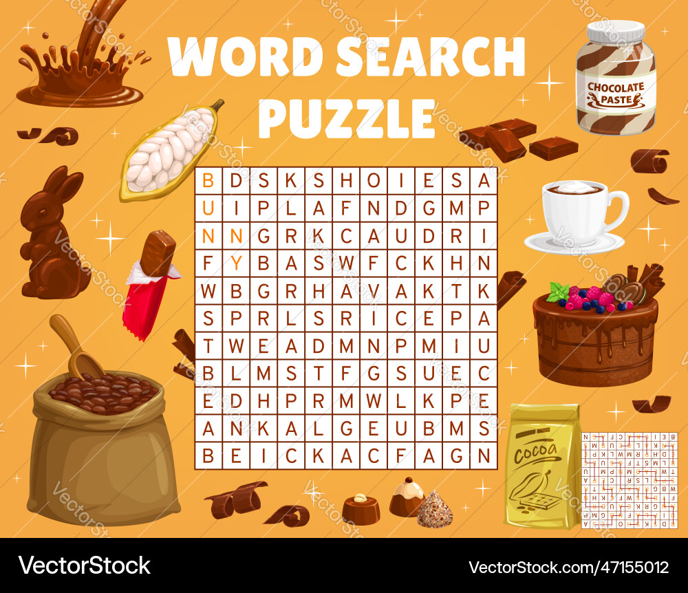 Cocoa and chocolate word search puzzle worksheet Vector Image