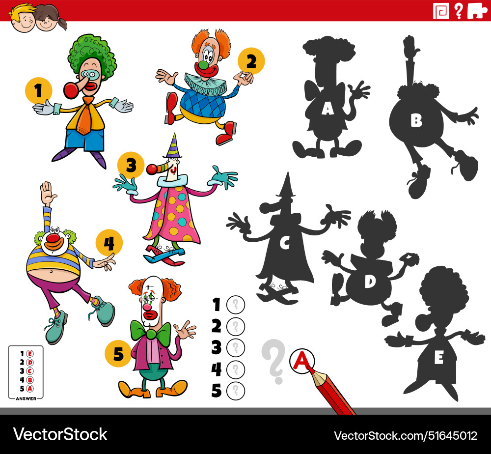 Finding shadows activity with cartoon clowns Vector Image