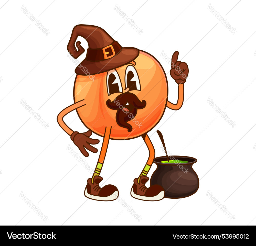Groovy peach fruit halloween wizard character Vector Image