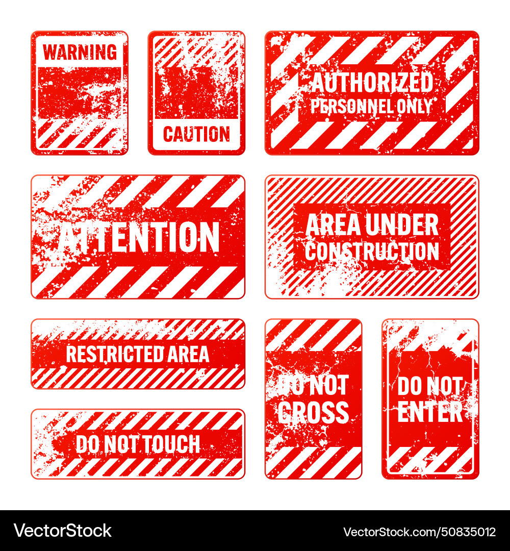 Red grunge warning signs with diagonal lines old Vector Image