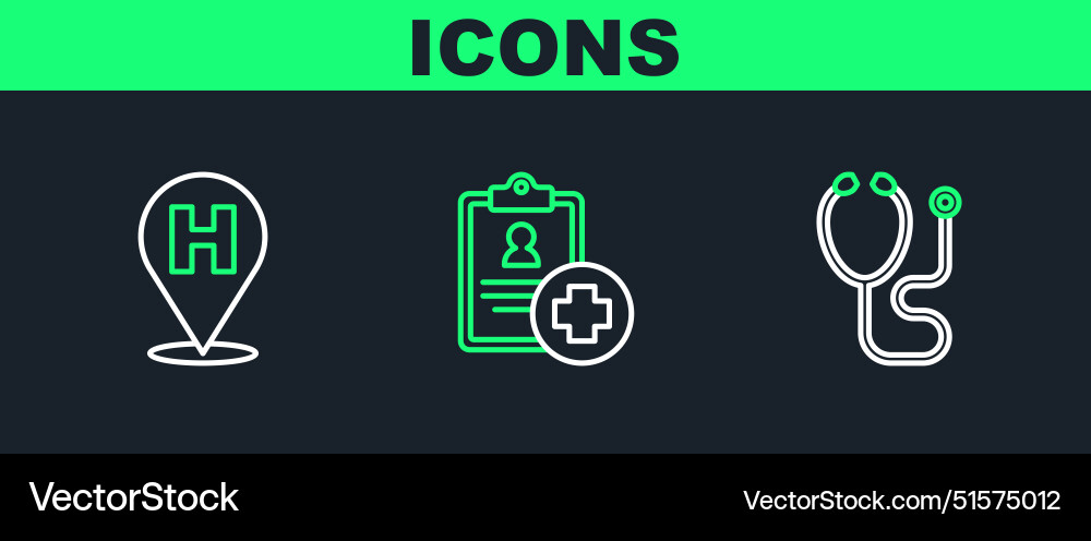 Set line stethoscope location hospital Royalty Free Vector
