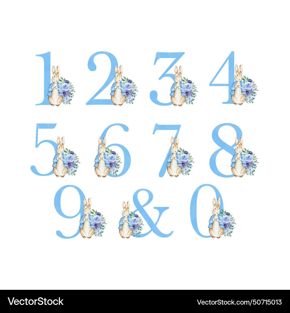 Blue numbers set with watercolor peter rabbit Vector Image