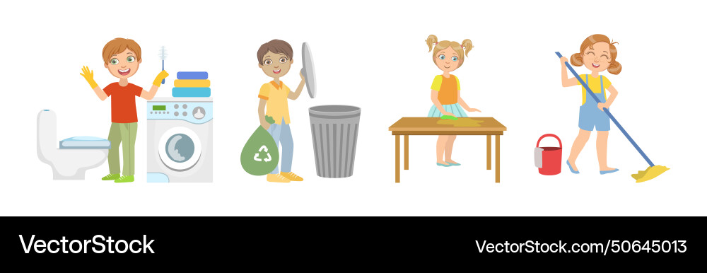 Kid character doing housework and helping Vector Image