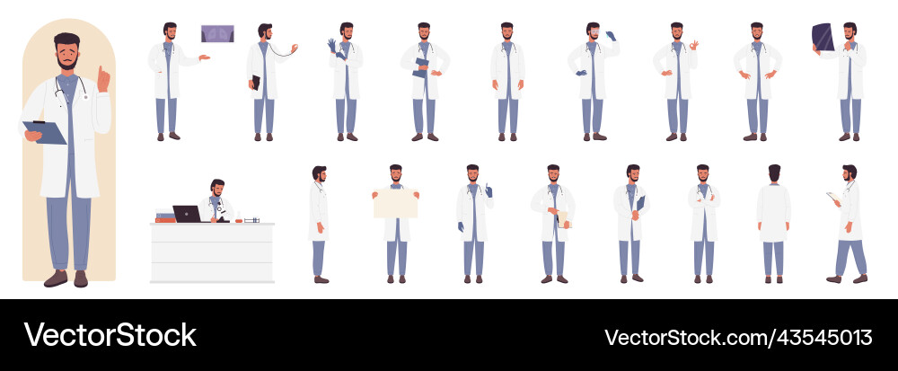 Male doctor character in side front and back view Vector Image