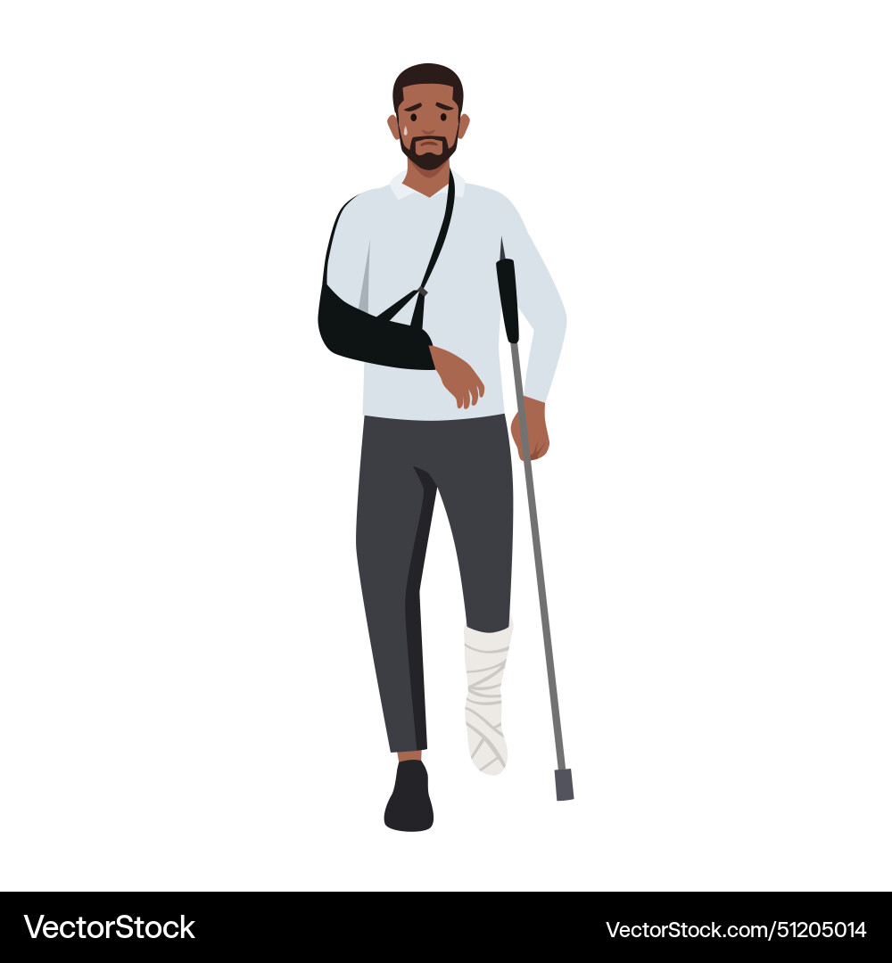 Young man with a broken arm and leg in cast Vector Image