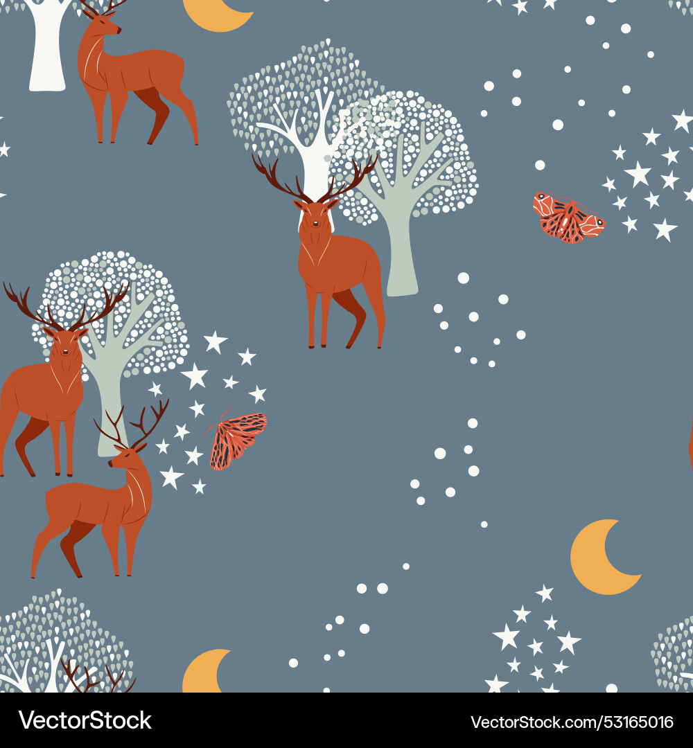 Majestic deer in enchanted night forest pattern Vector Image