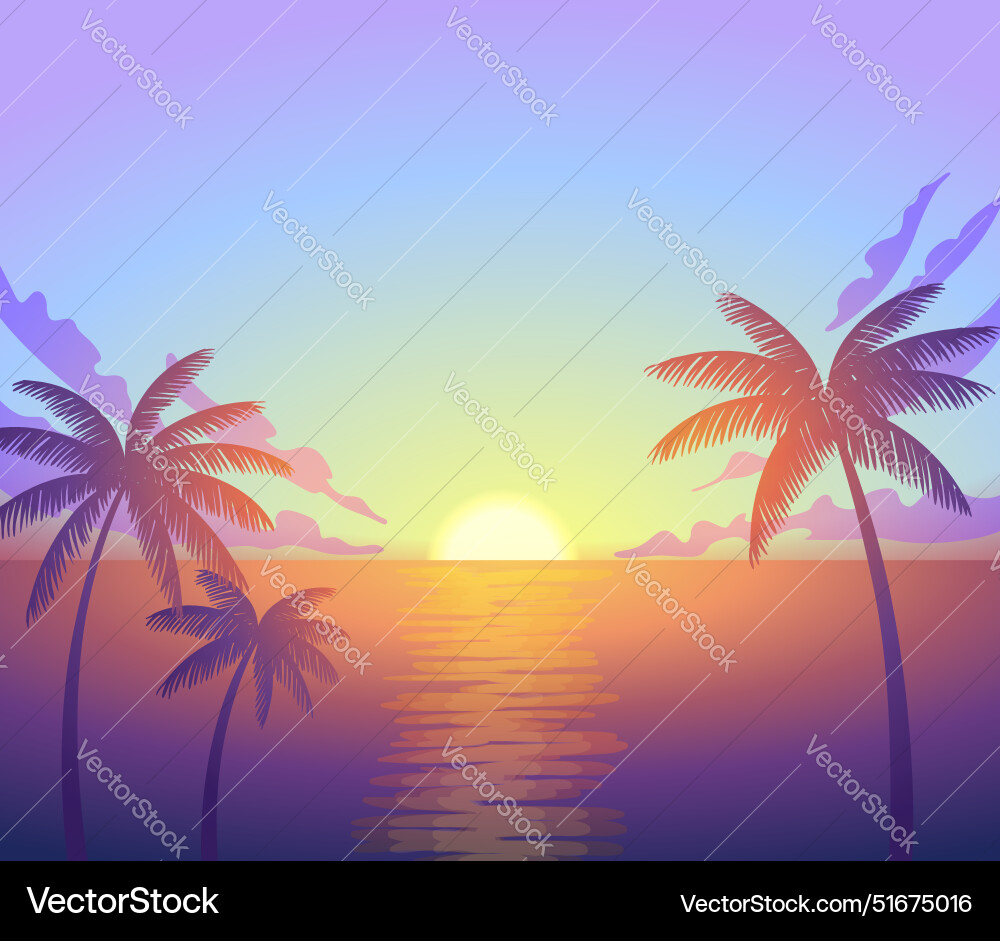 Tropical sunset over ocean line Royalty Free Vector Image