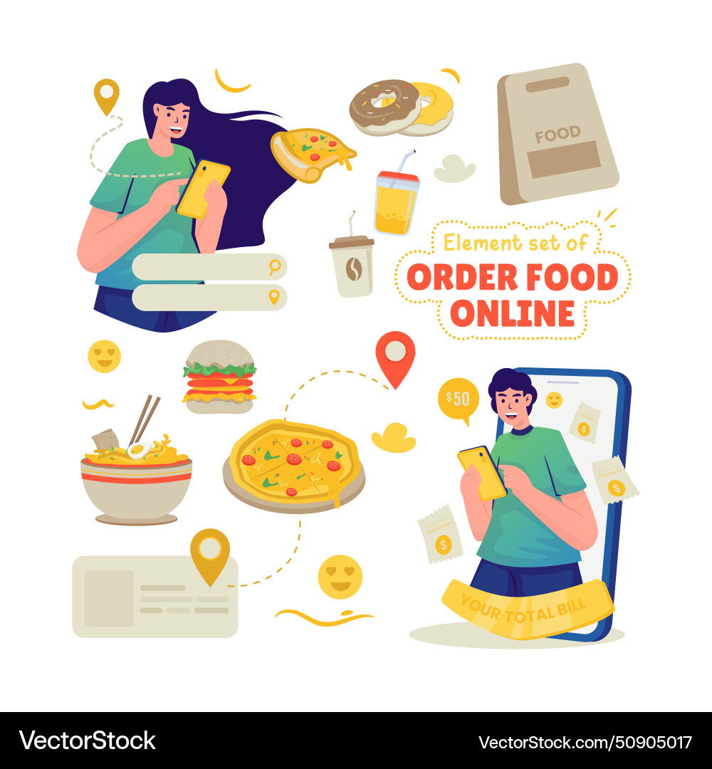 Ordering food online element set Royalty Free Vector Image