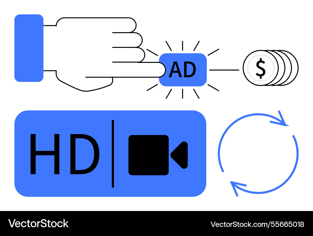 Hand clicking ad button for revenue with hd video Vector Image