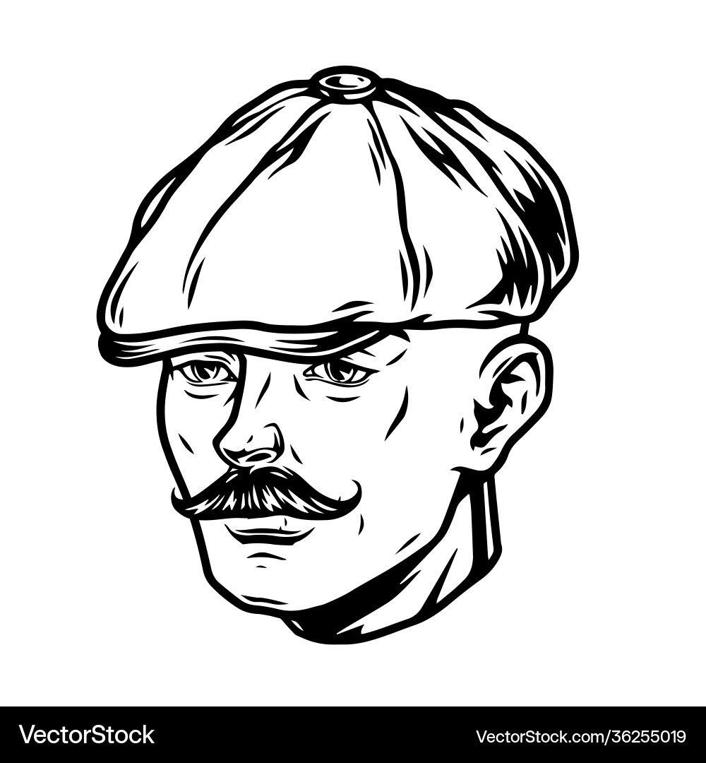 Mustached man head in irish cap Royalty Free Vector Image