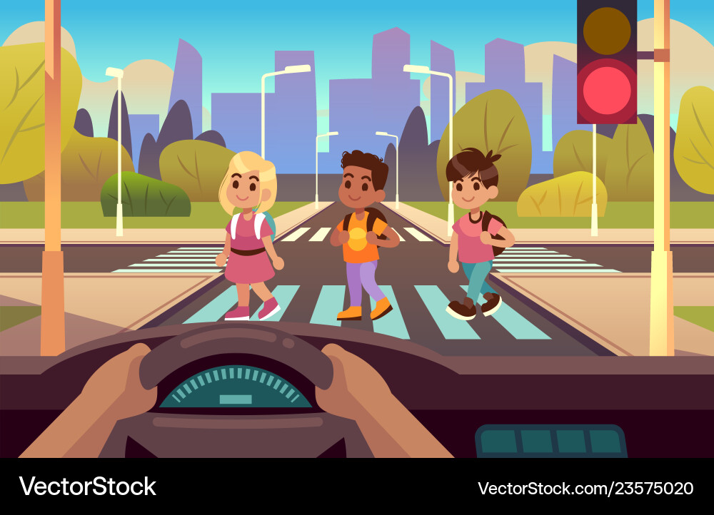 Car inside crosswalk drivers hands on wheel panel Vector Image