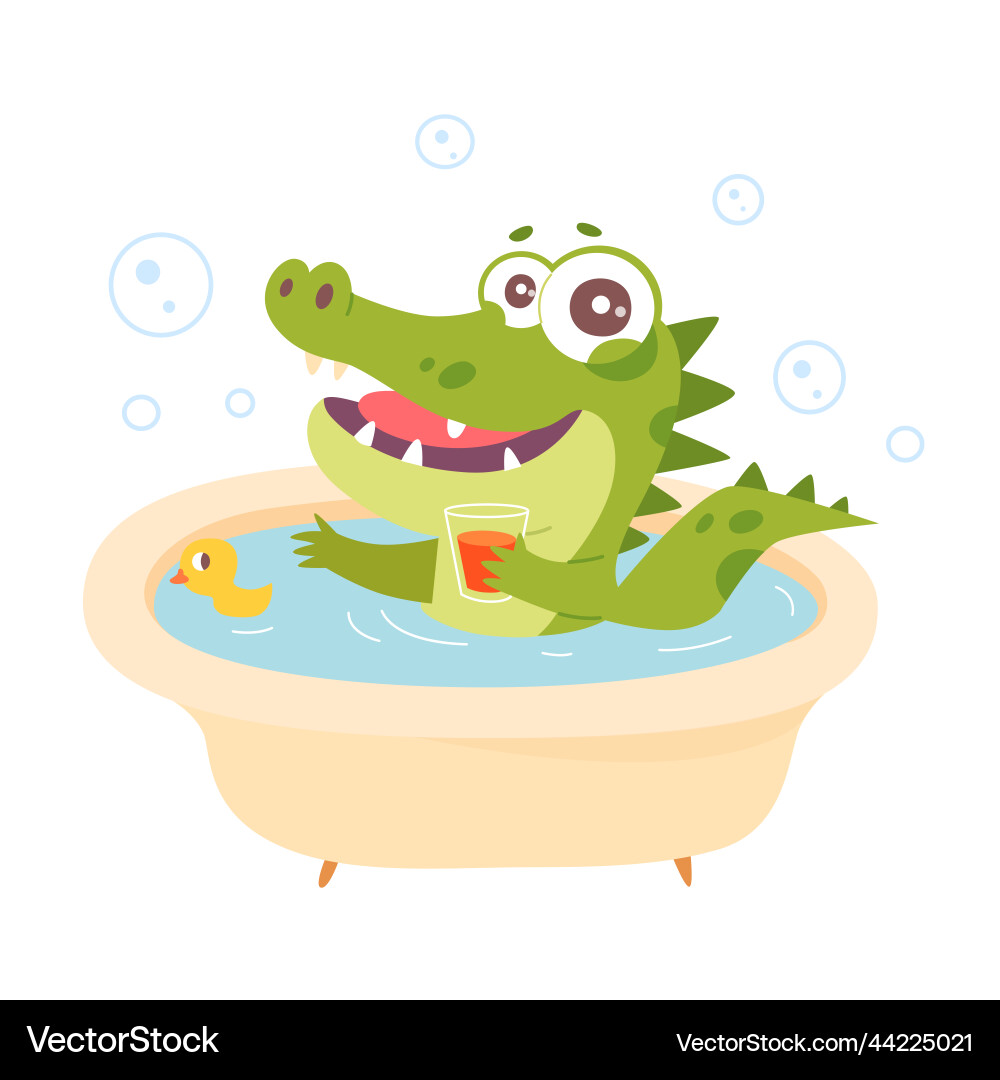Cute green crocodile bathing in bathtub full Vector Image