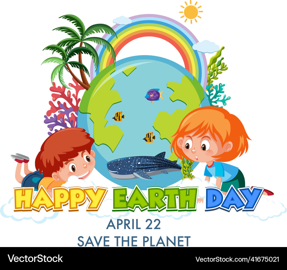Happy earth day logo design with two children Vector Image