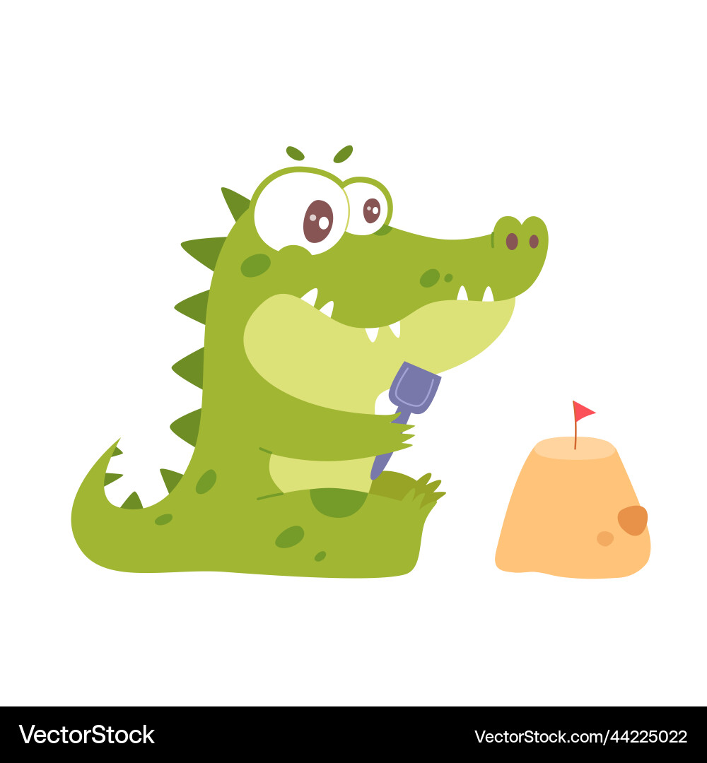 Cute crocodile character building sand castle Vector Image