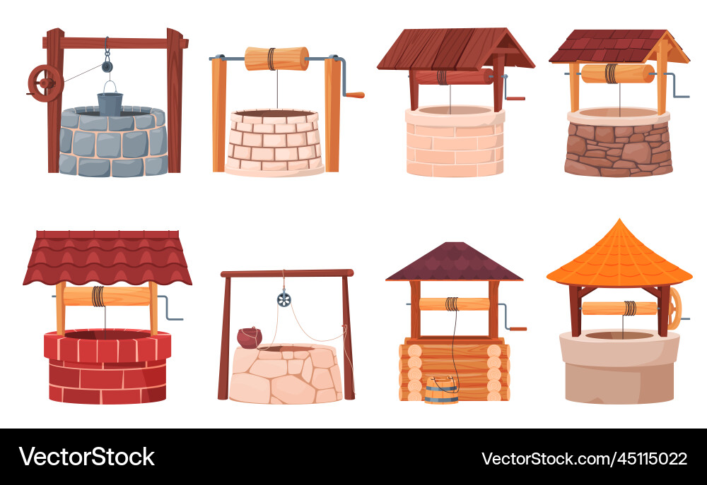Rustic Stone & Wooden Water Wells Royalty Free Vector