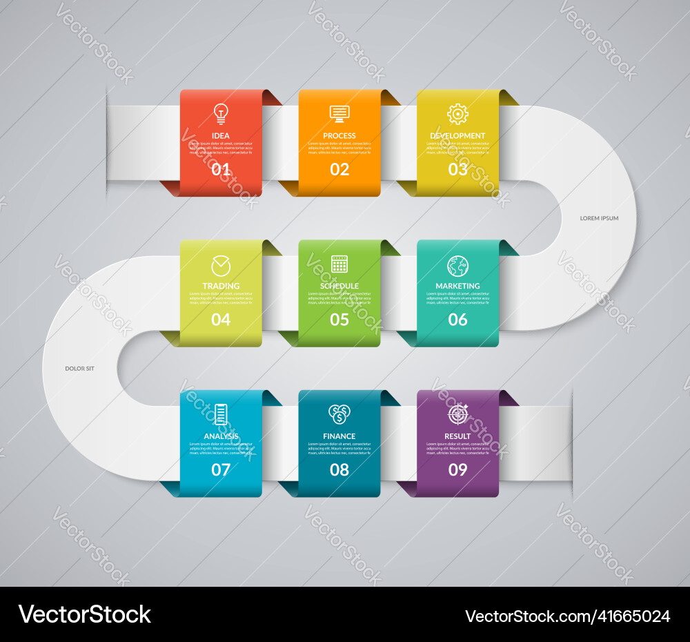Infografische Zeitleiste Vorlage mit 9 Schritten Vektorbild