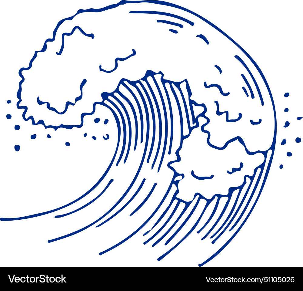 Sea wave line drawing blue storm water Royalty Free Vector