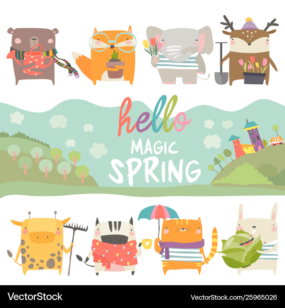 Set cute animals with spring theme on white Vector Image