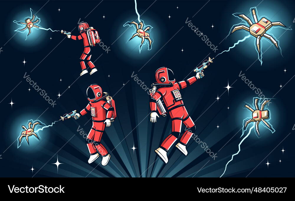 Astronauts in red spacesuits with blasters fight Vector Image