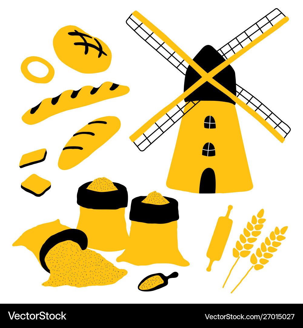 Cartoon bakery set with bread mill flour wheat Vector Image