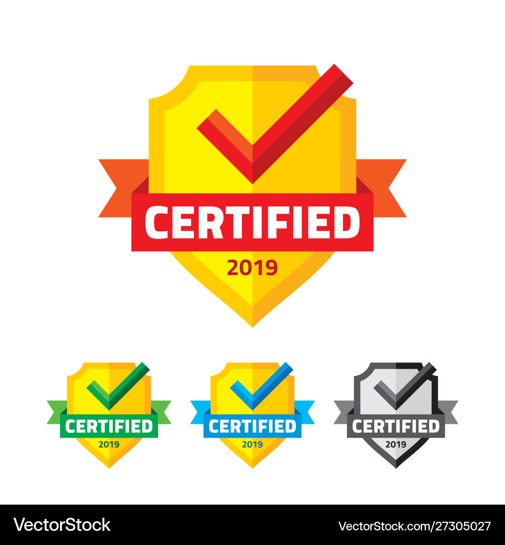 Certified badge with shield ribbon and checkmark Vector Image
