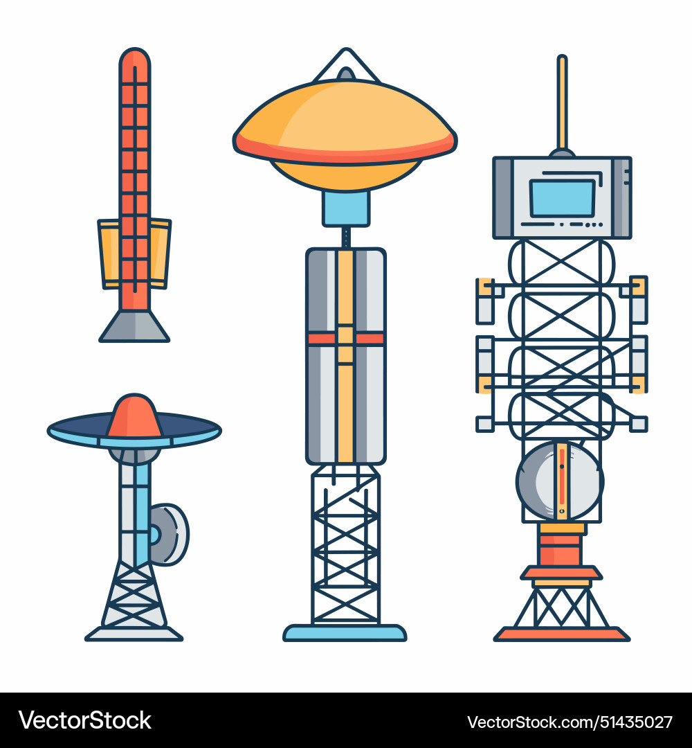 Set communication towers used broadcasting Vector Image