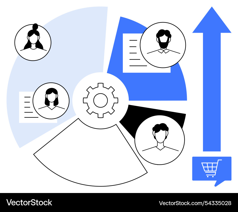 Team-Workflow mit Pie-Chart und Wachstumspfeil Vektorbild