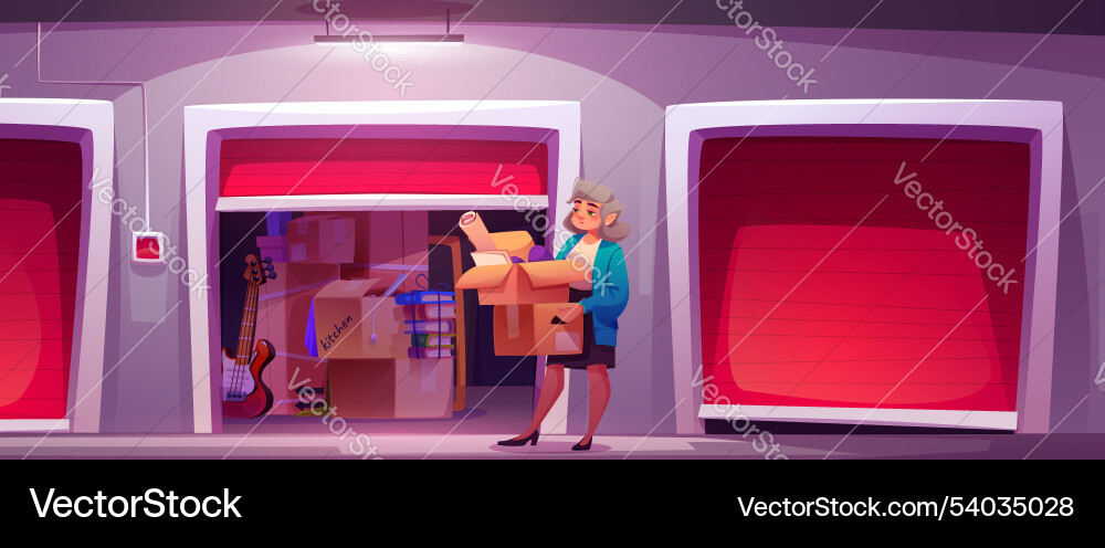Woman with boxes near self storage container Vector Image